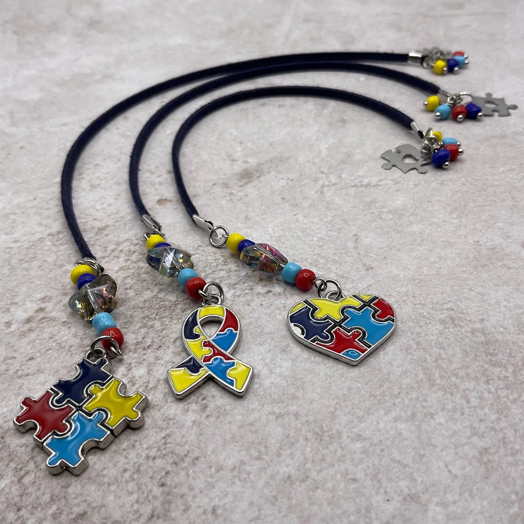 Charmed Beaded Bookmark: Autism Puzzle, Heart and Ribbon Charm. Faux ...
