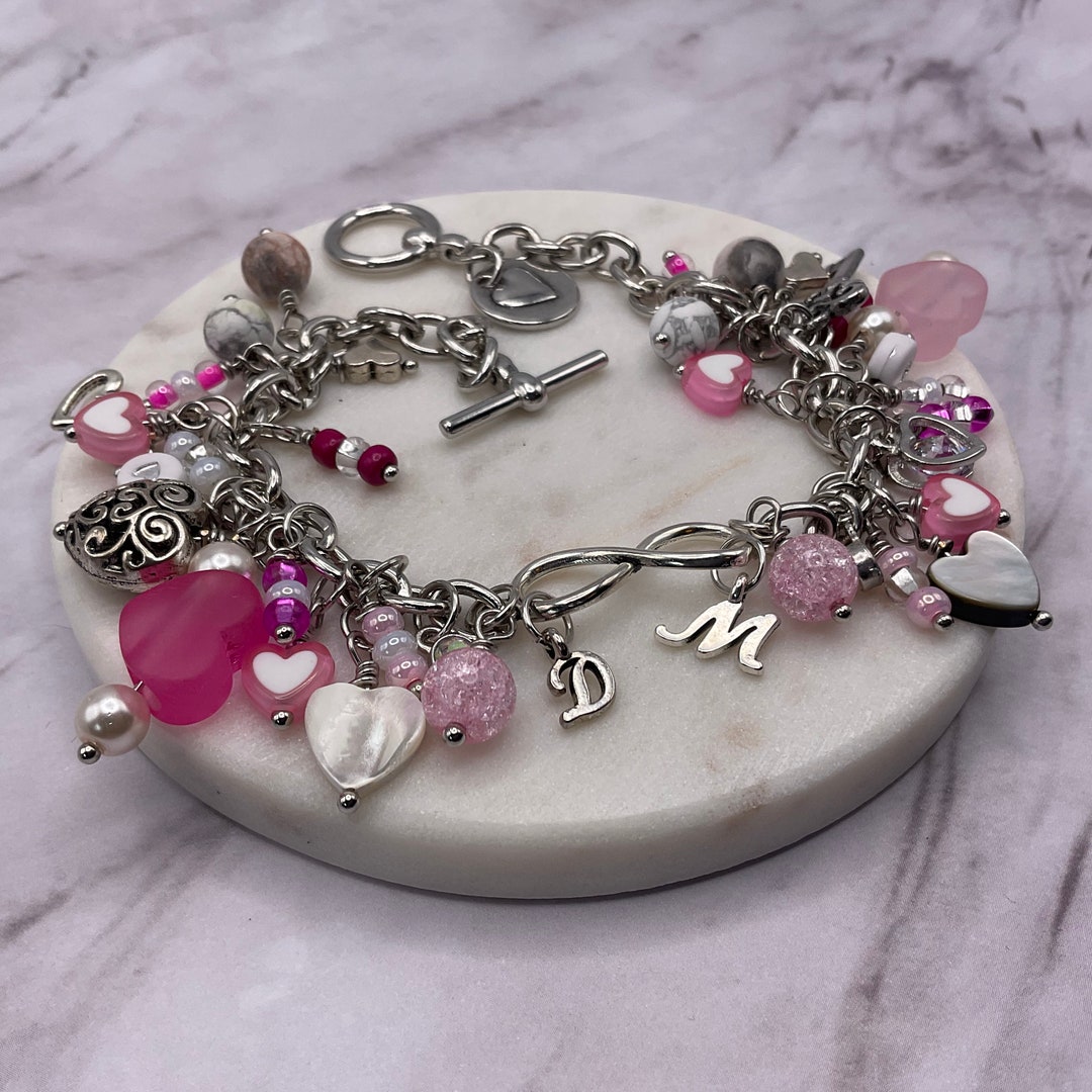 Valentines Day Heart Pink Multi Charm Chain Bracelet Silver Tone ...