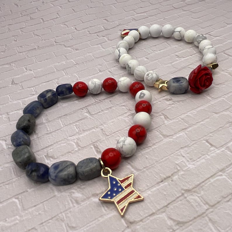 American Flag Color Beads Stretch Bracelet. Patriotic Stackable ...