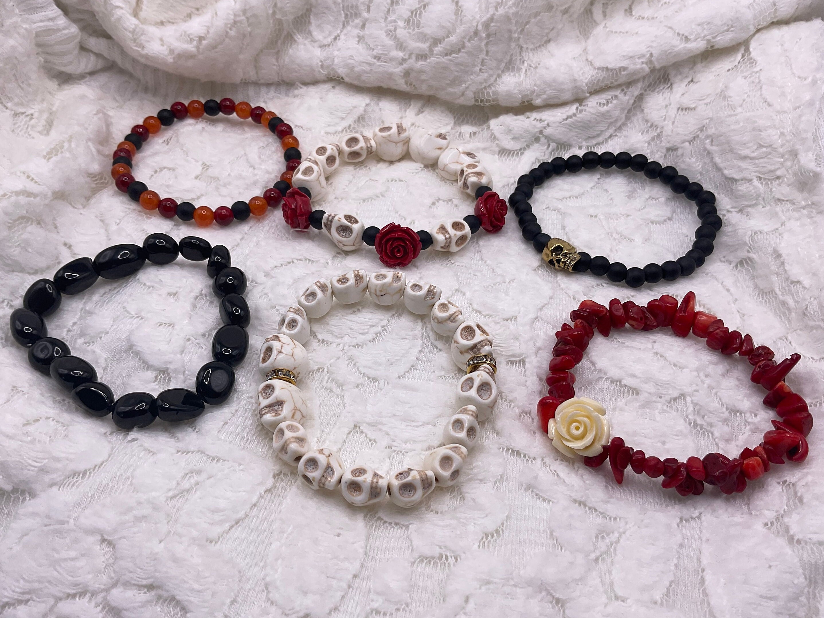 Halloween Skull Handmade Stretch Bracelet. Black/red/white Multilayer ...