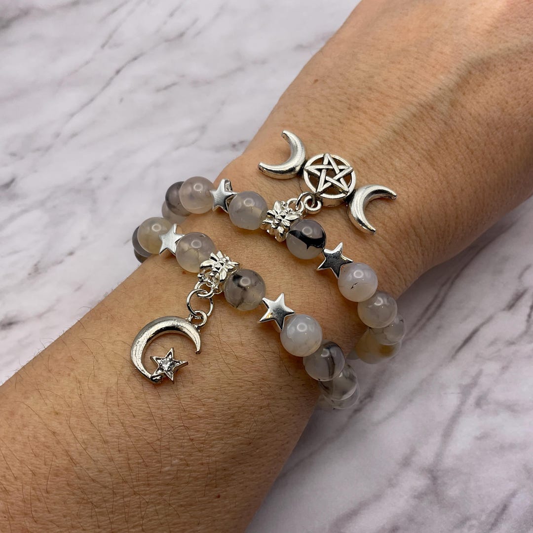 Star and Moon Gray & Silver Tone Bracelets. Handmade Stackable Bracelet ...