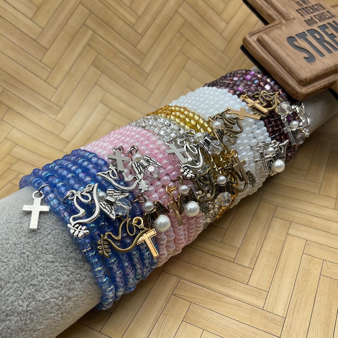 Religious Beaded Stretch Bracelets With Cross, Angel, Dove Charms ...