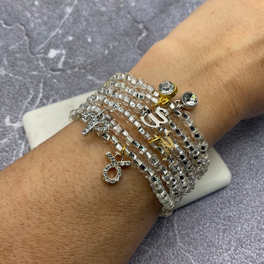 April Birthstone Color Crystal Clear Glass Seed Bead Stretch Bracelet ...