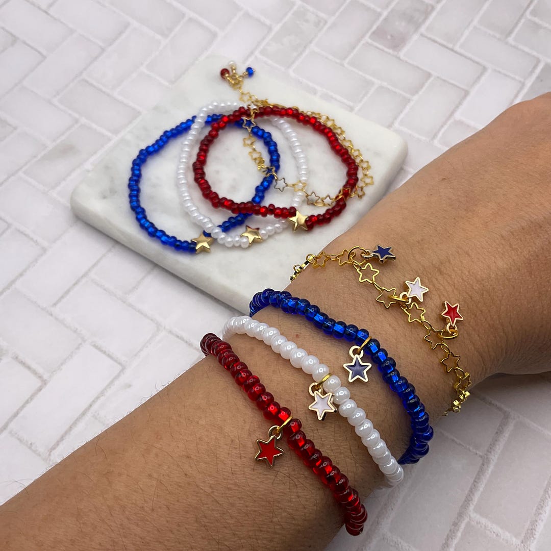 USA Flag Colors Bead & Star Bracelets. Czech Glass Seed Bead Bracelets ...