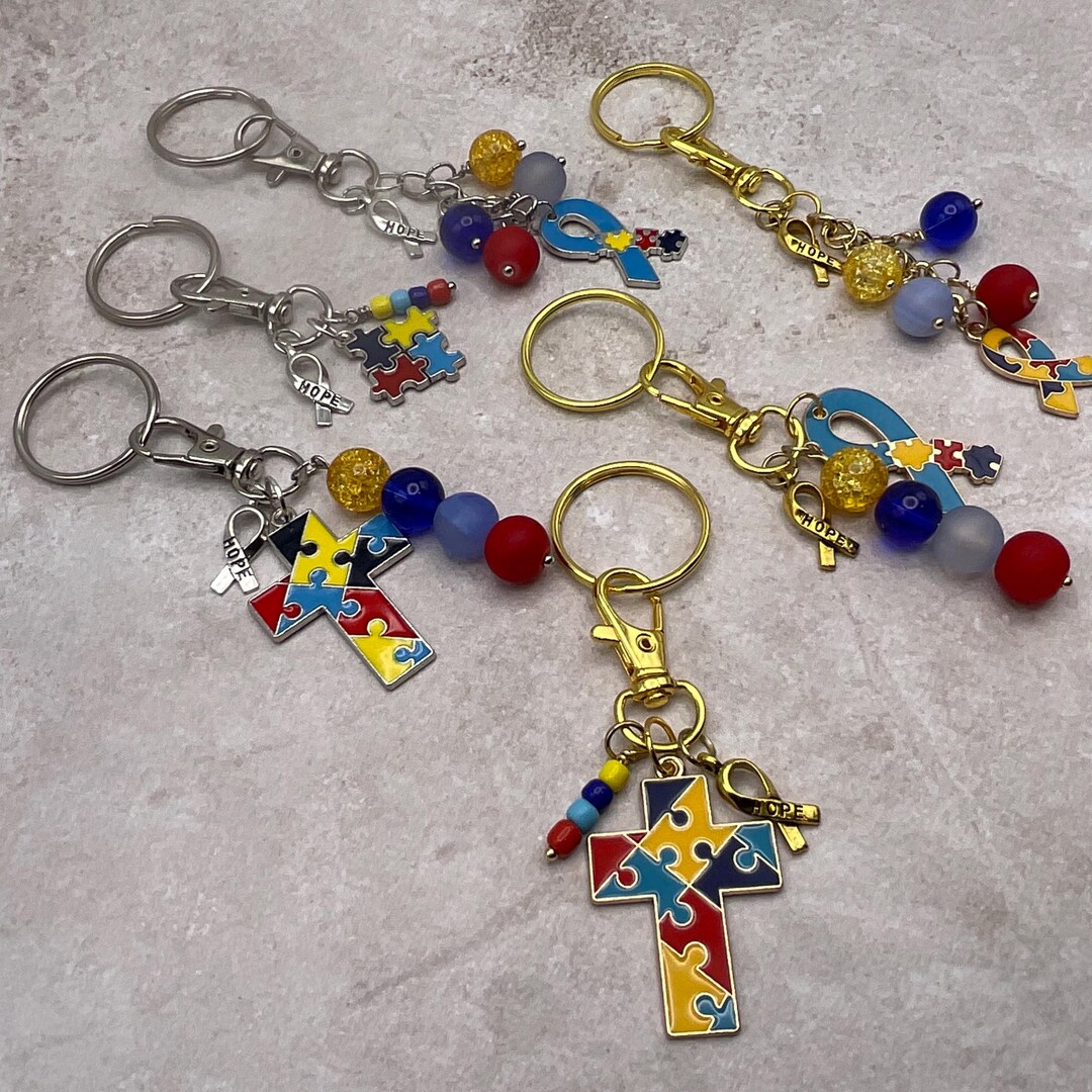 Autism Awareness Keyring With Puzzle Piece Charm & Beads ...