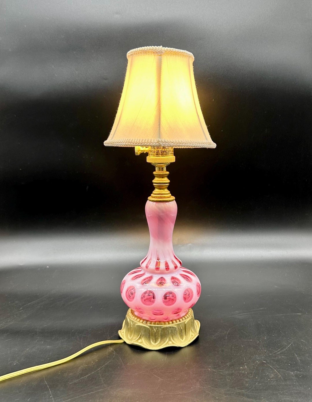 Vintage Fenton Pink Coin Dot Lamp: Cranberry Opalescent Glass Boudoir ...