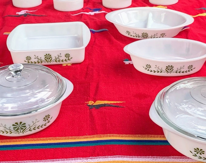 Complete Set of Glasbake Ovenware Jeannette Green Daisy in Box ~ 41 ...