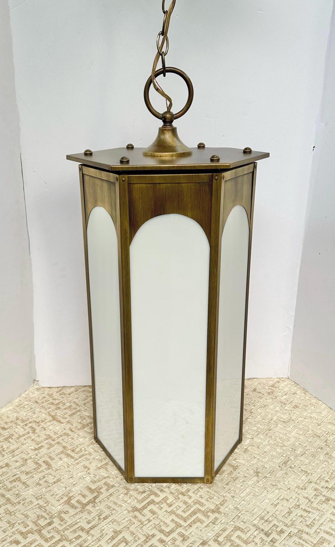 Vintage Antiqued Brass Church Pendant Light With Acrylic Panels - 4 ...