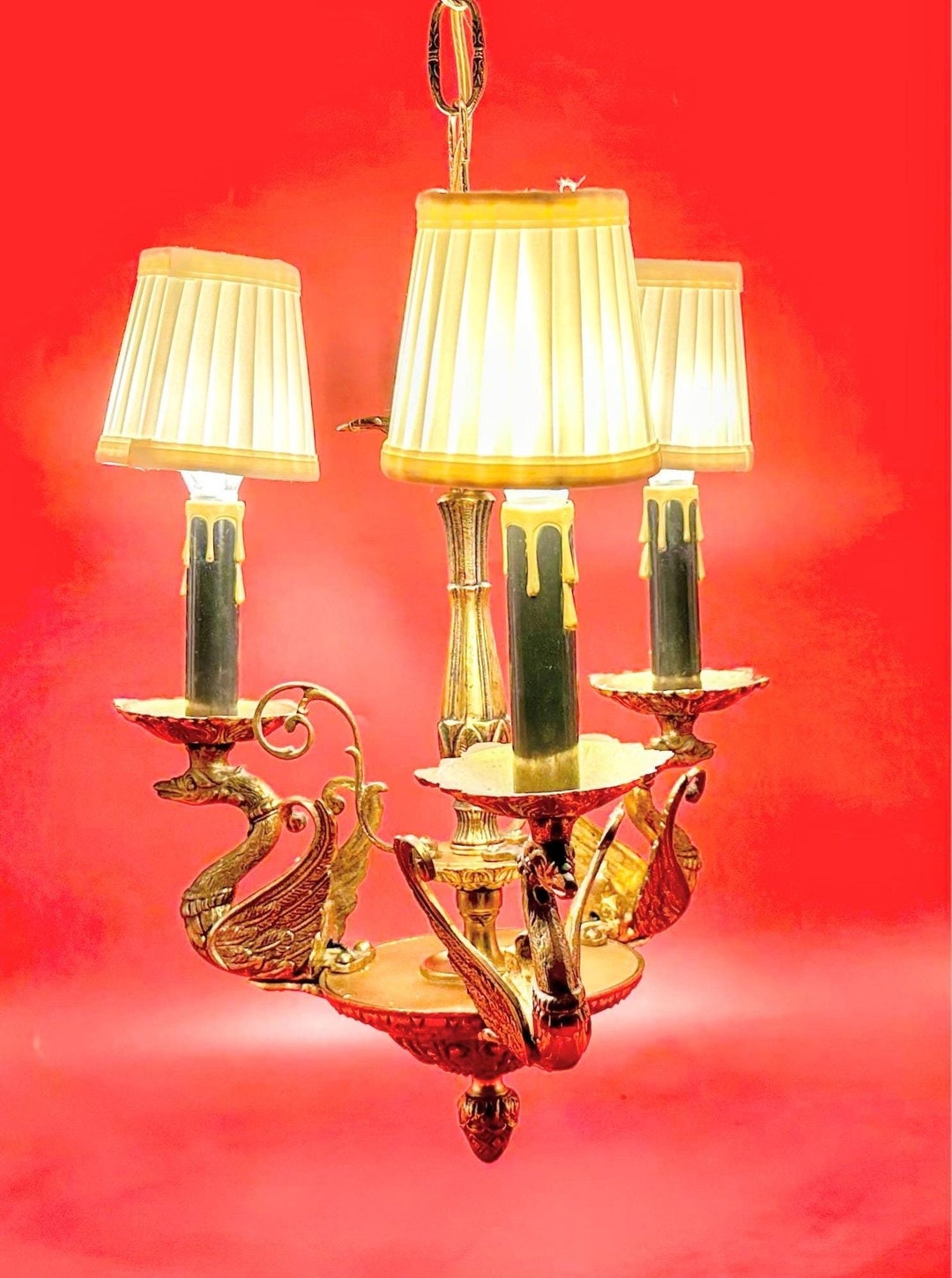 Vintage Solid Brass Swan Chandelier ~ 3-light Swan Chandelier ~ 12” Dia ...