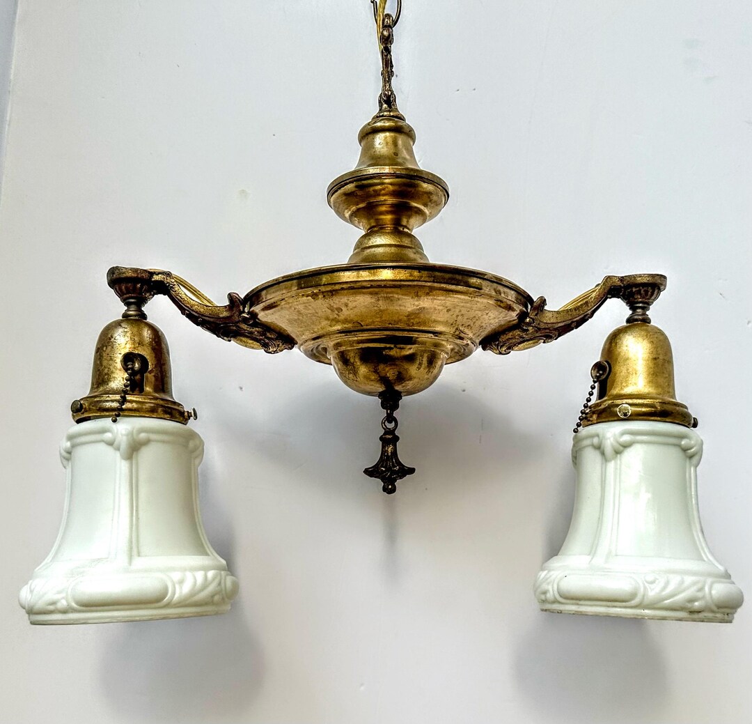 Antique Brass Victorian Pan Chandelier With 2 Molded Milk Glass Shades ...