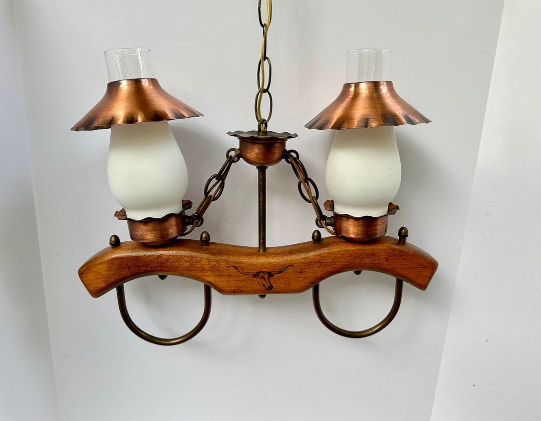 1960s Western Chandelier: Copper & Wood Ox-yoke Cabin Light - 2 ...
