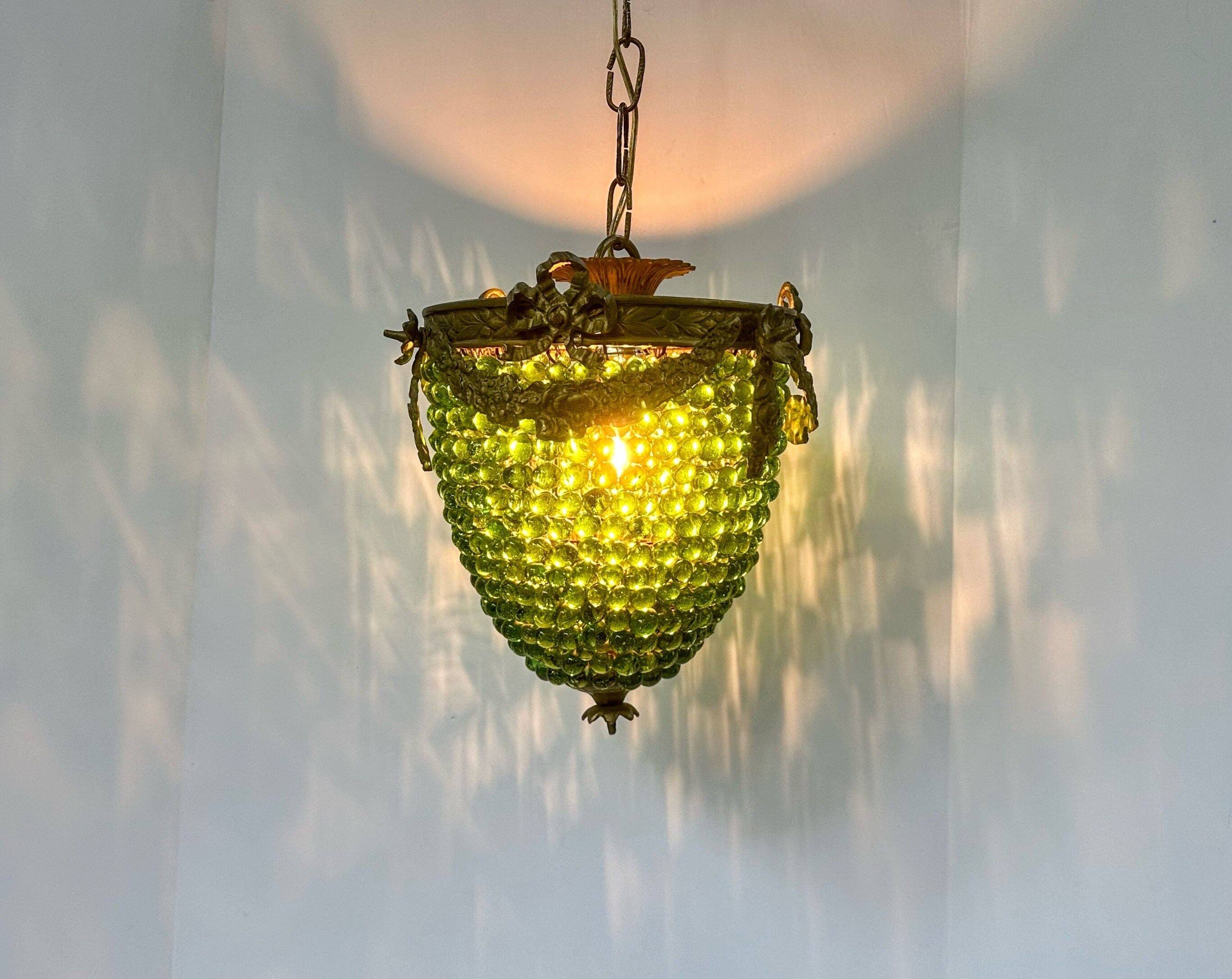 Vintage Green Glass Bead Pendant Light With Gold Festoons and Bows 1 ...