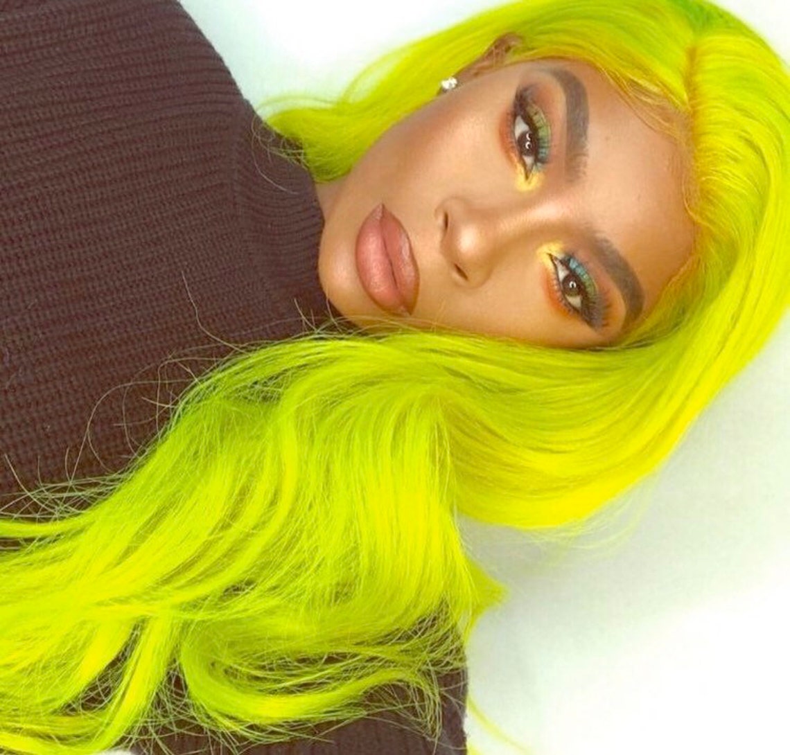 24 Neon Yellow Green Body Wavy Yellow Green Lace Front Wig | Etsy