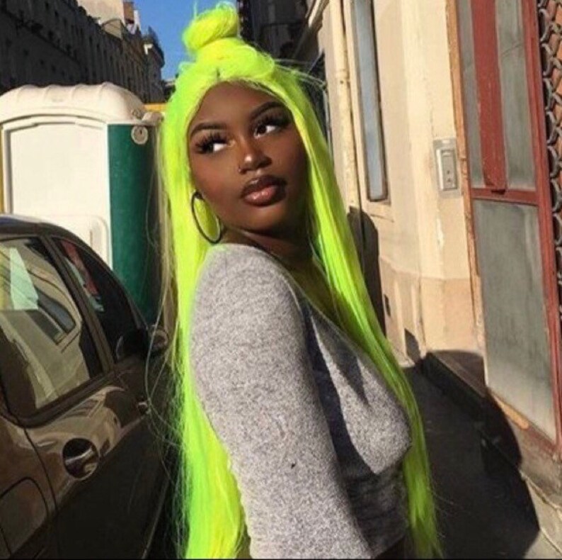 22 Neon Green Straight Lace Front Wig NEW | Etsy