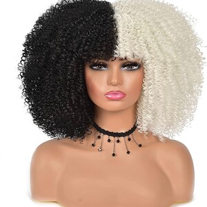 White Blonde & Black Split Dye 14 Curly BANG Fro Natural Girl Wig - Etsy