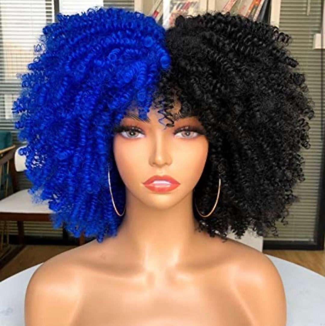 Black & Blue Split Dye 14 Curly BANG Fro Natural Girl Wig - Etsy