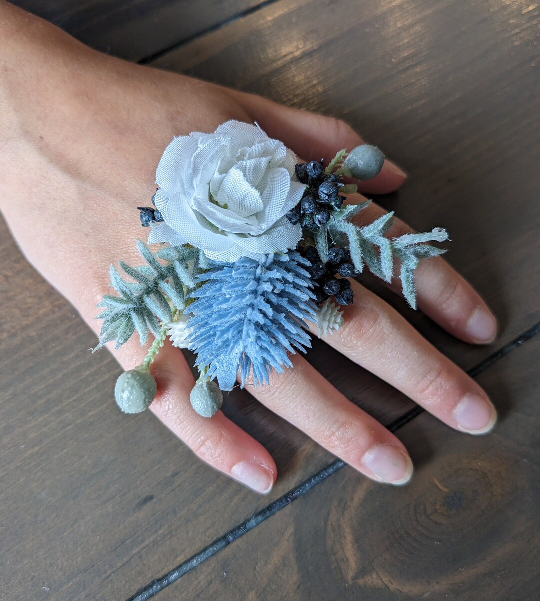 White Rose, Blue Thistle, Sage Green Ring Corsageartificial - Etsy