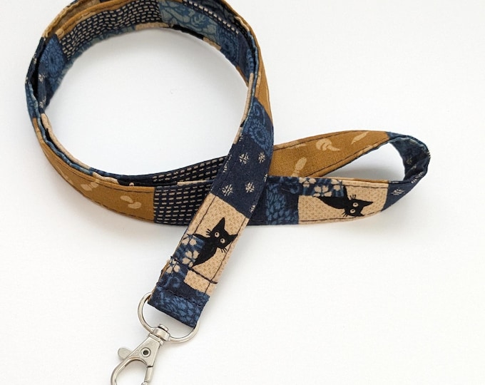 Black Cat Lanyard in Navy and Tan – Japanese Cotton Keychain for ID ...