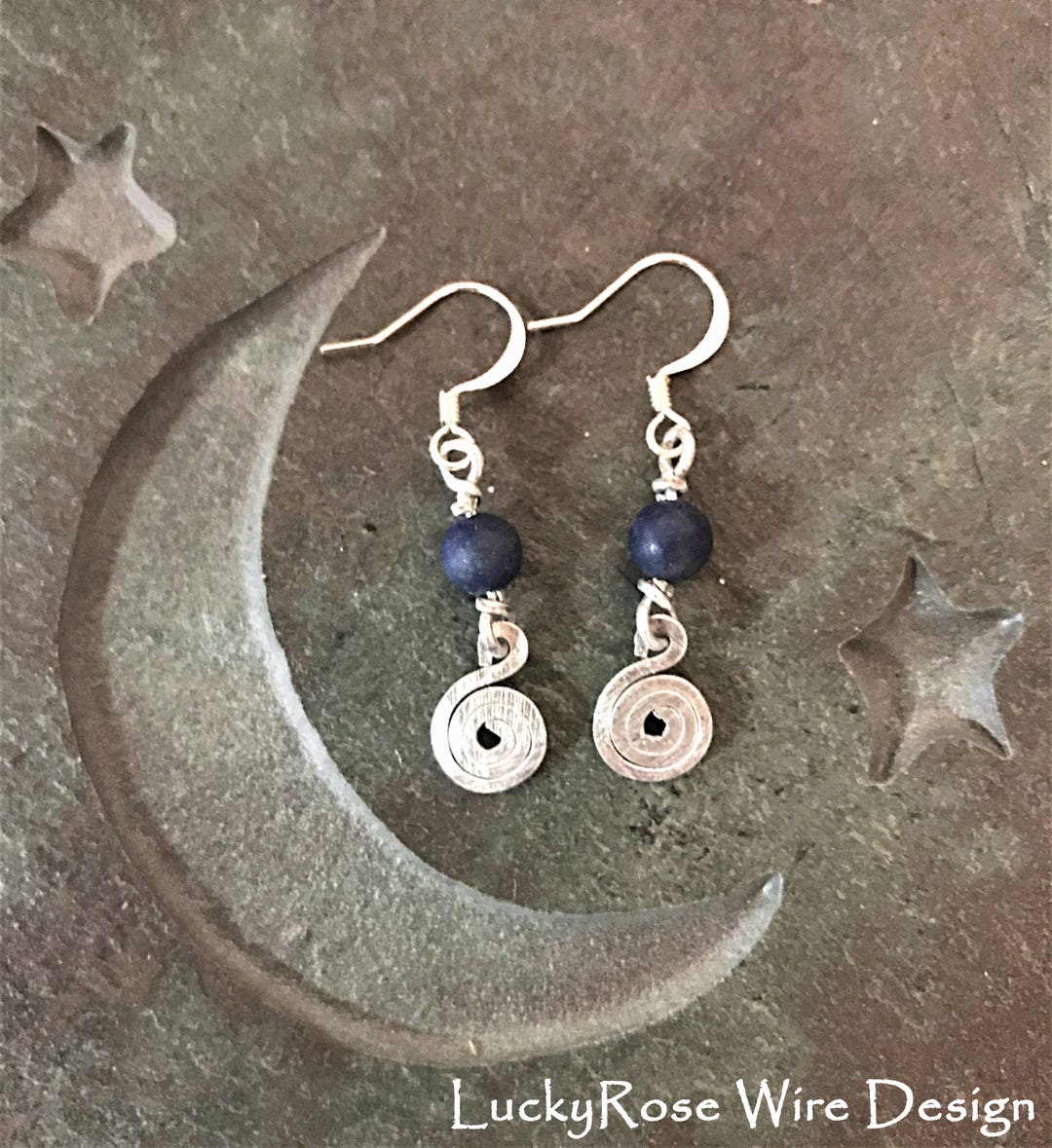 Blue Spiral Wire Earrings, Silver Spiral With Blue Stone Bead, Hook ...
