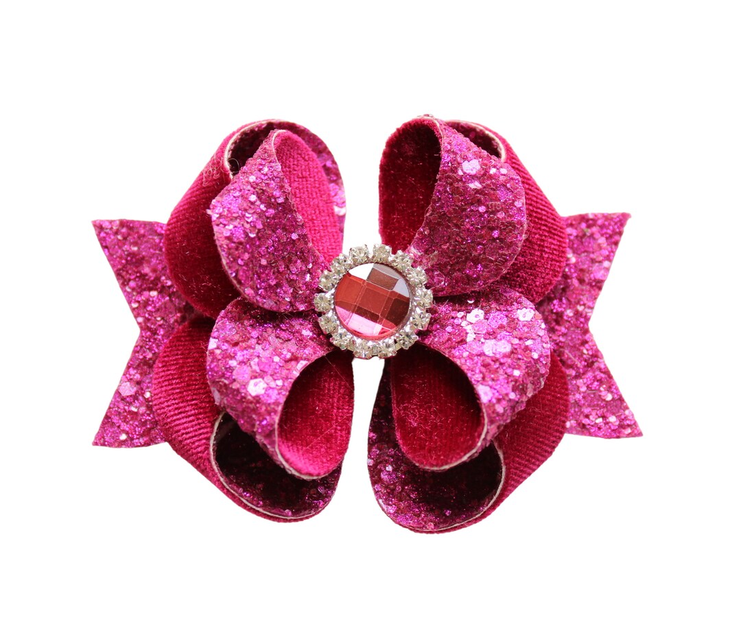 Girls Hot Pink Hair Bow, Hot Pink Velvet With Glitter 3 1/2 Bow ...