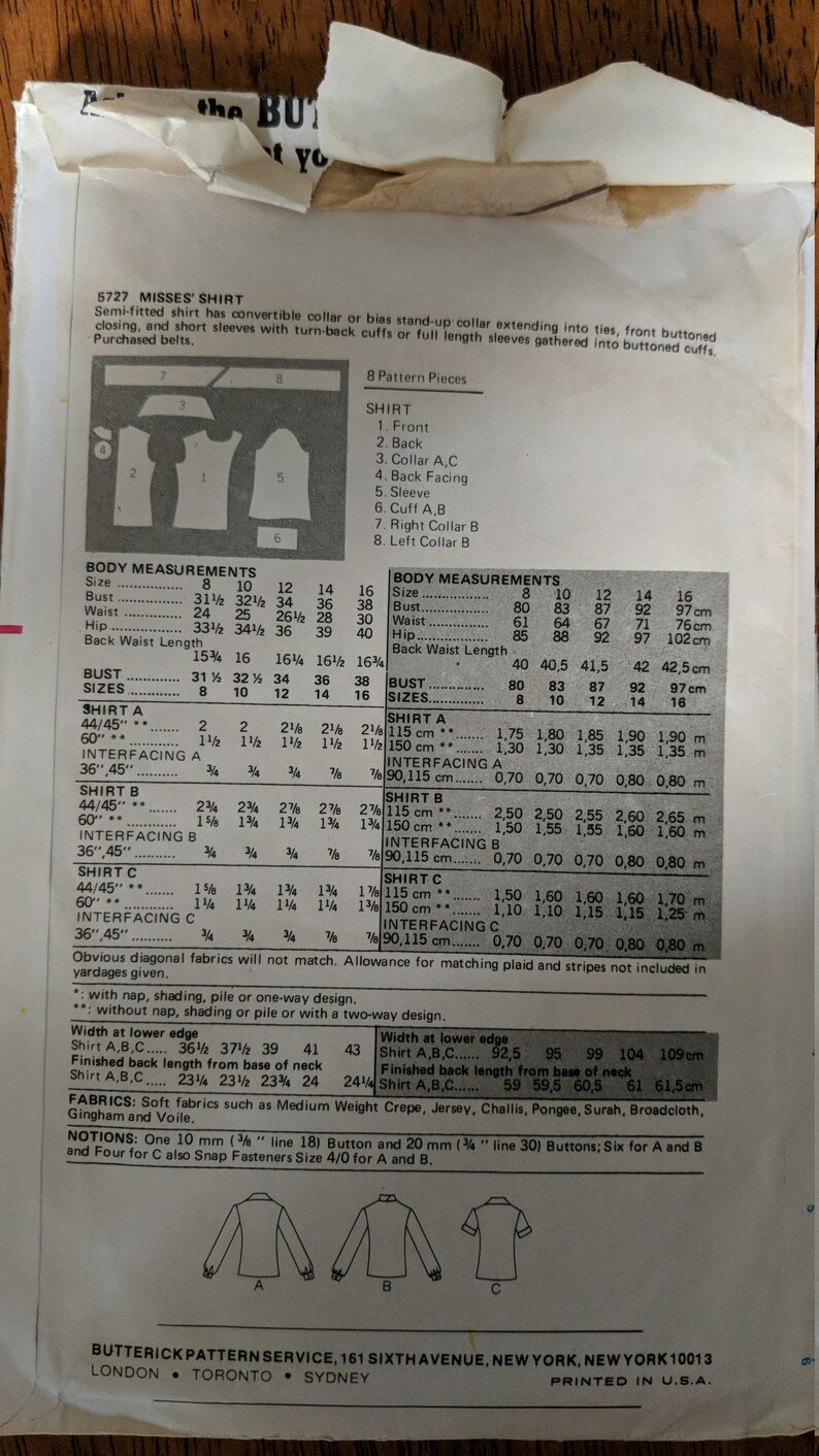 Butterick 5727 Sewing Pattern Dressmaking Pattern - Etsy