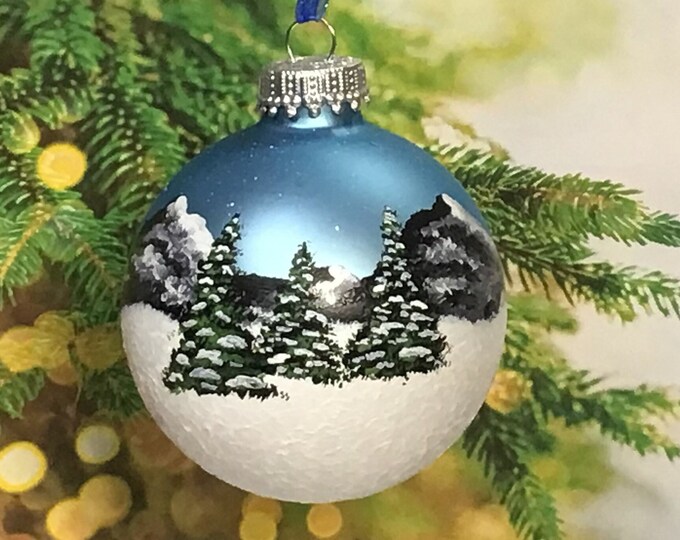 Light Blue Snowy Winter Mountain Scene Hand Painted Glass Christmas ...
