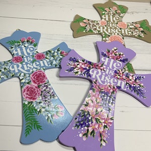 He is Risen Painted Floral Spring Easter Cross, Wood Door or Wall ...
