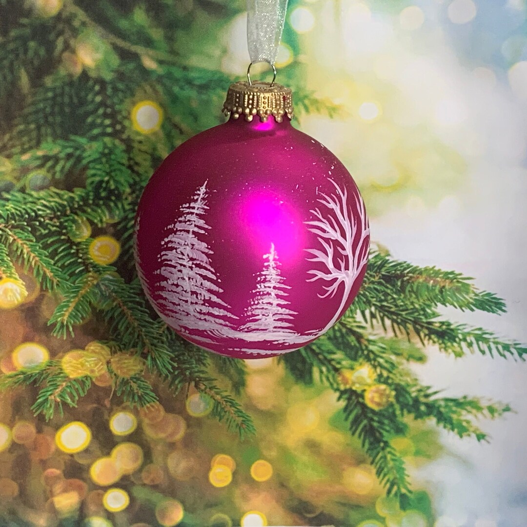 Pink Glass Ornament With Painted Snow Covered Trees, Glass Christmas ...