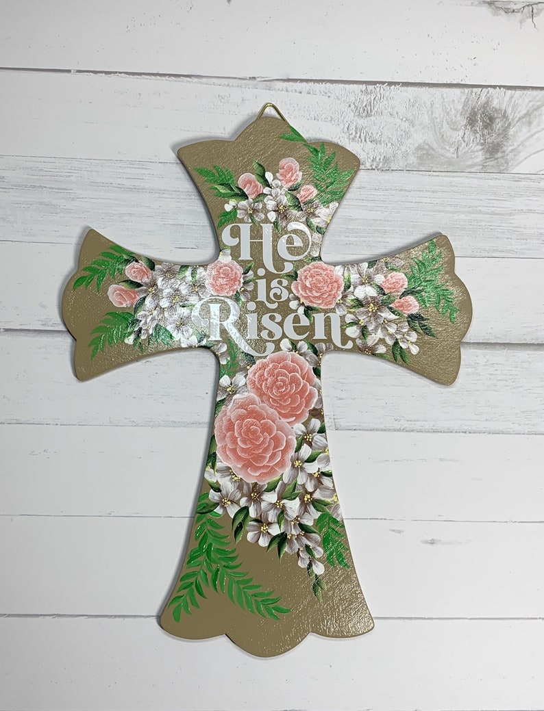 He is Risen Painted Floral Spring Easter Cross Wood Door or - Etsy