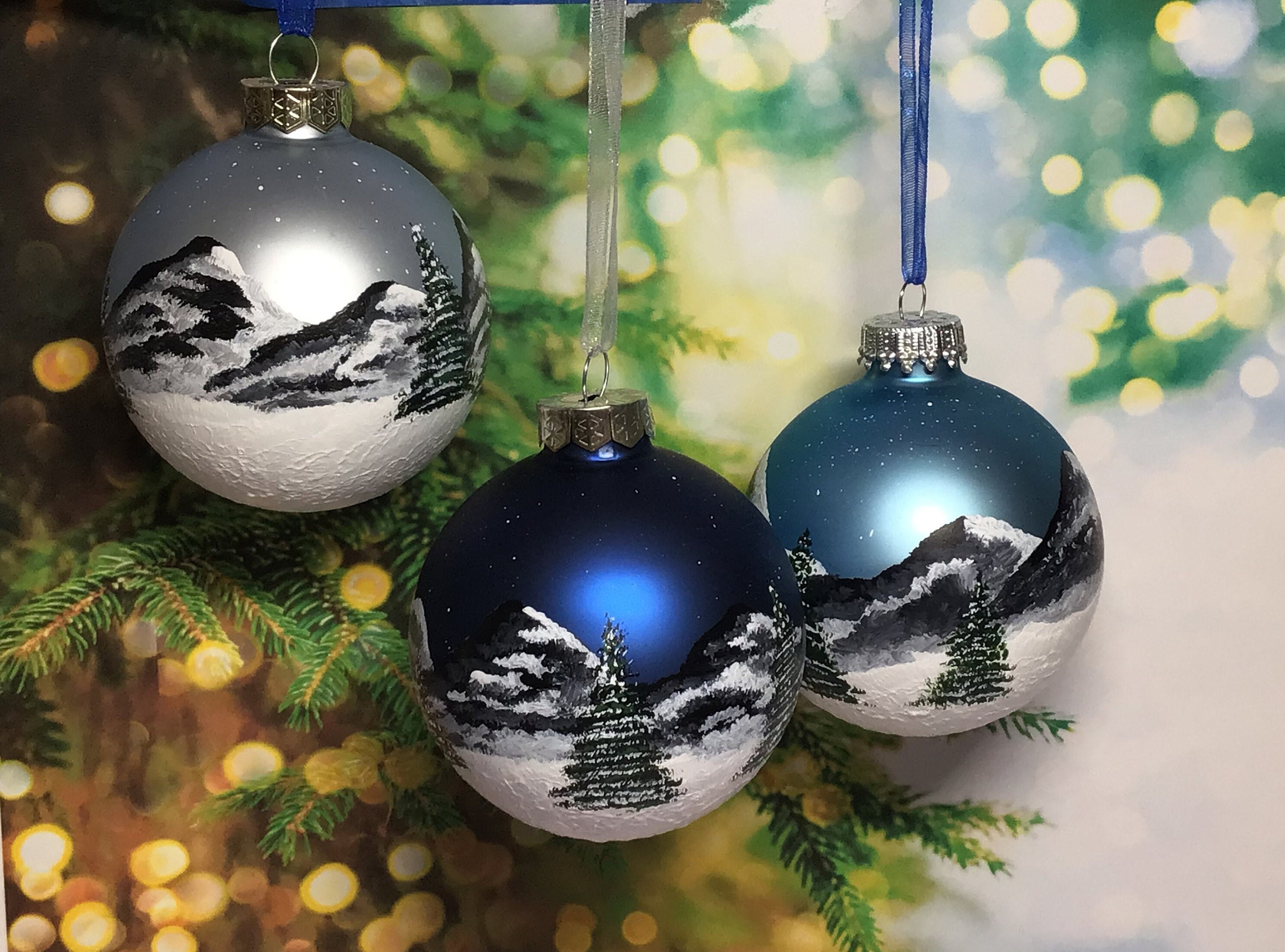 Painted Glass Ornaments Snowy Winter Mountain Scene Hand - Etsy UK