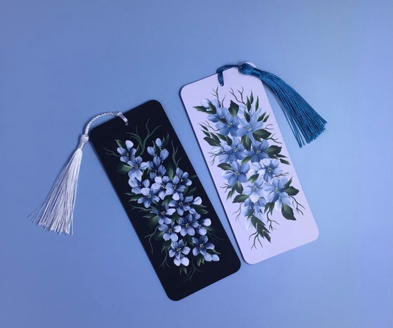Blue Floral Hand Painted Bookmarks With Tassel Acrylic - Etsy
