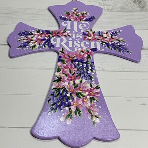 He is Risen Painted Floral Spring Easter Cross, Wood Door or Wall Hanging, Painted Easter Cross ...