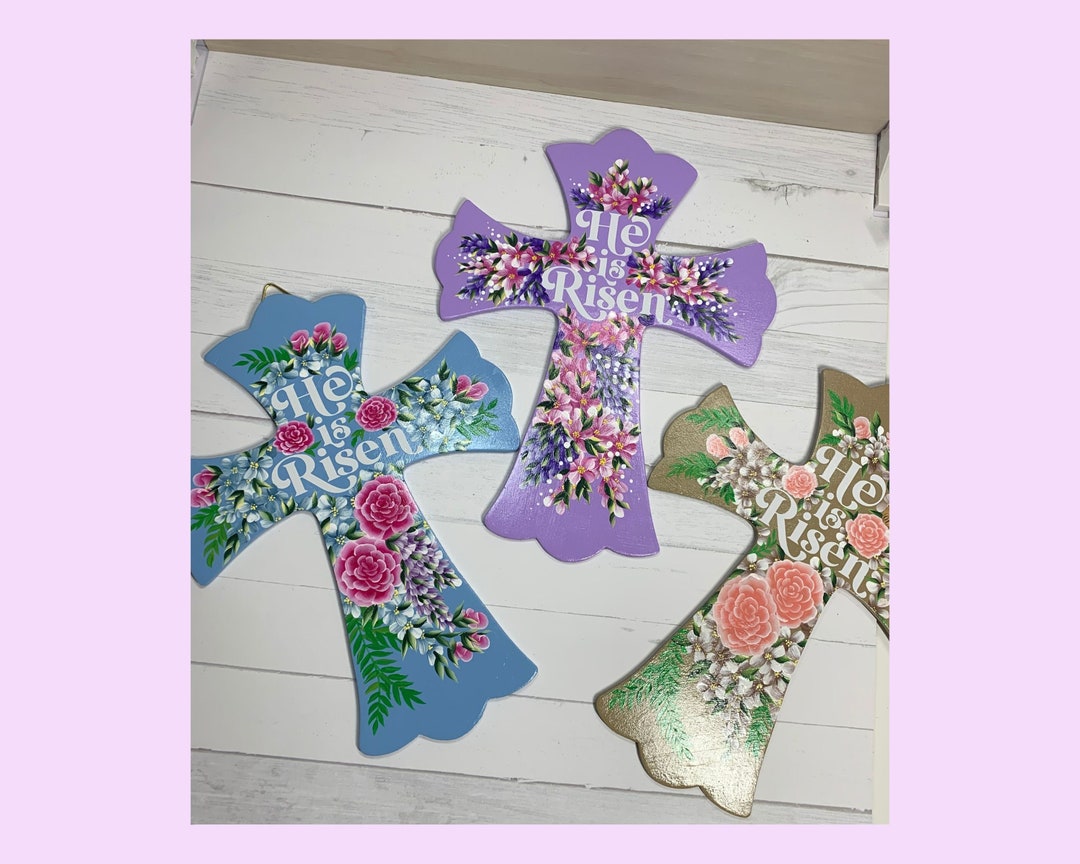 He is Risen Painted Floral Spring Easter Cross, Wood Door or Wall Hanging, Painted Easter Cross ...