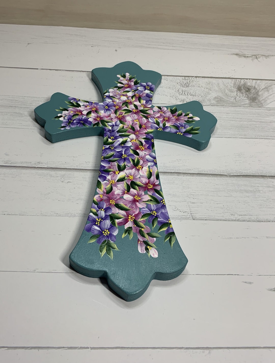Teal Floral Spring Easter Cross, Wood Door or Wall Hanging, Painted ...