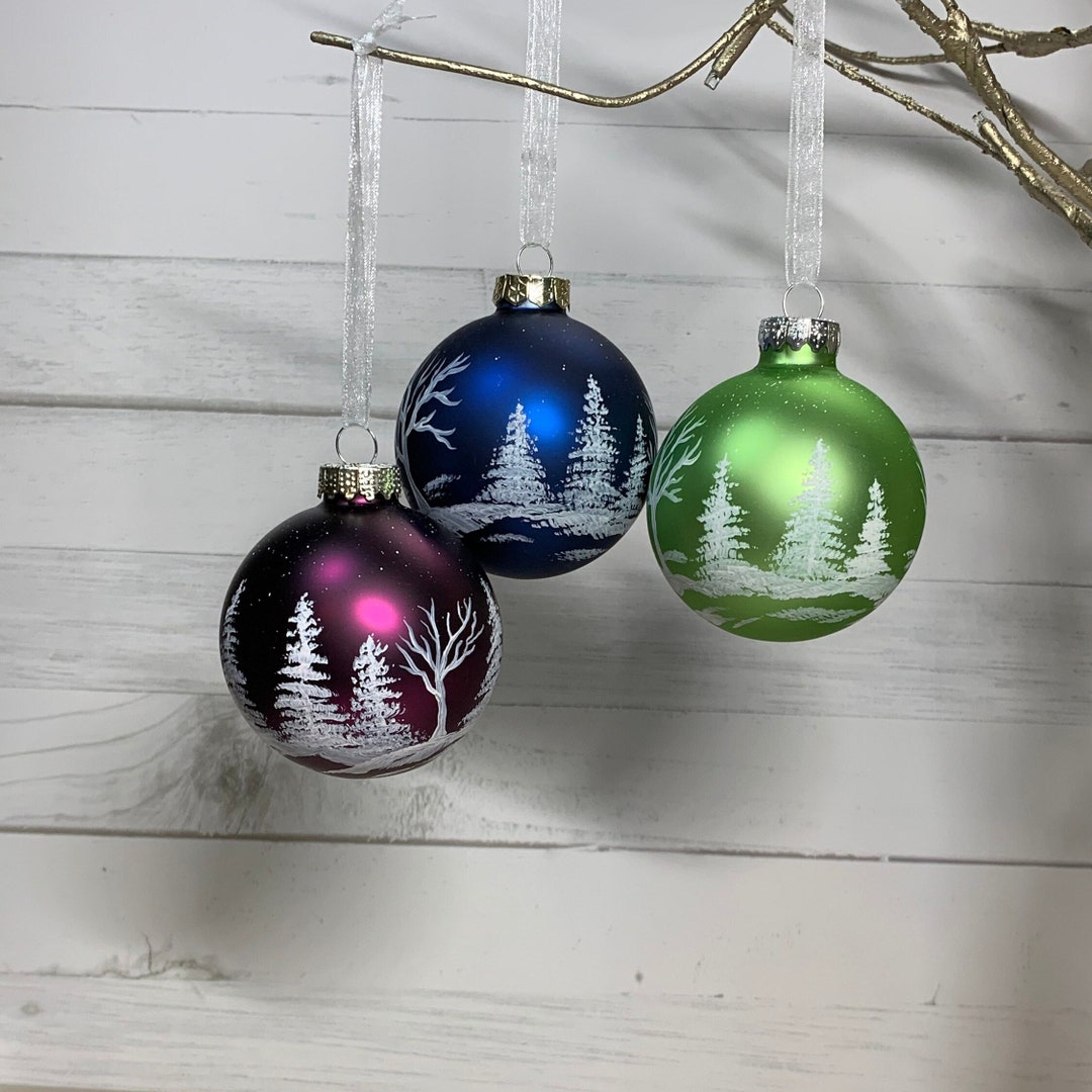 Christmas Keepsake Ornaments, Hand Painted With Snow Covered Trees in ...