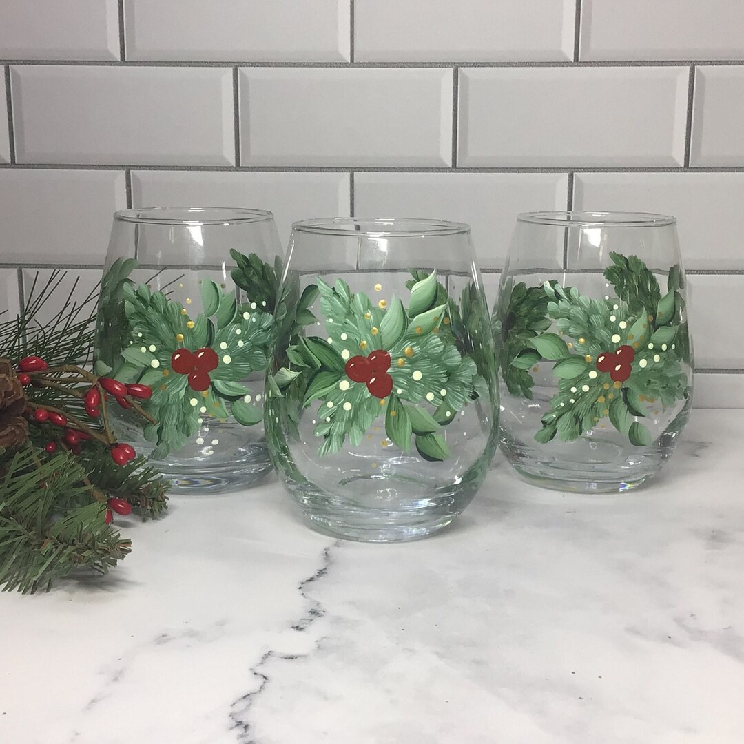 12 Oz Holiday Stemless Wine or Drinking Glasses, Hand Painted With ...