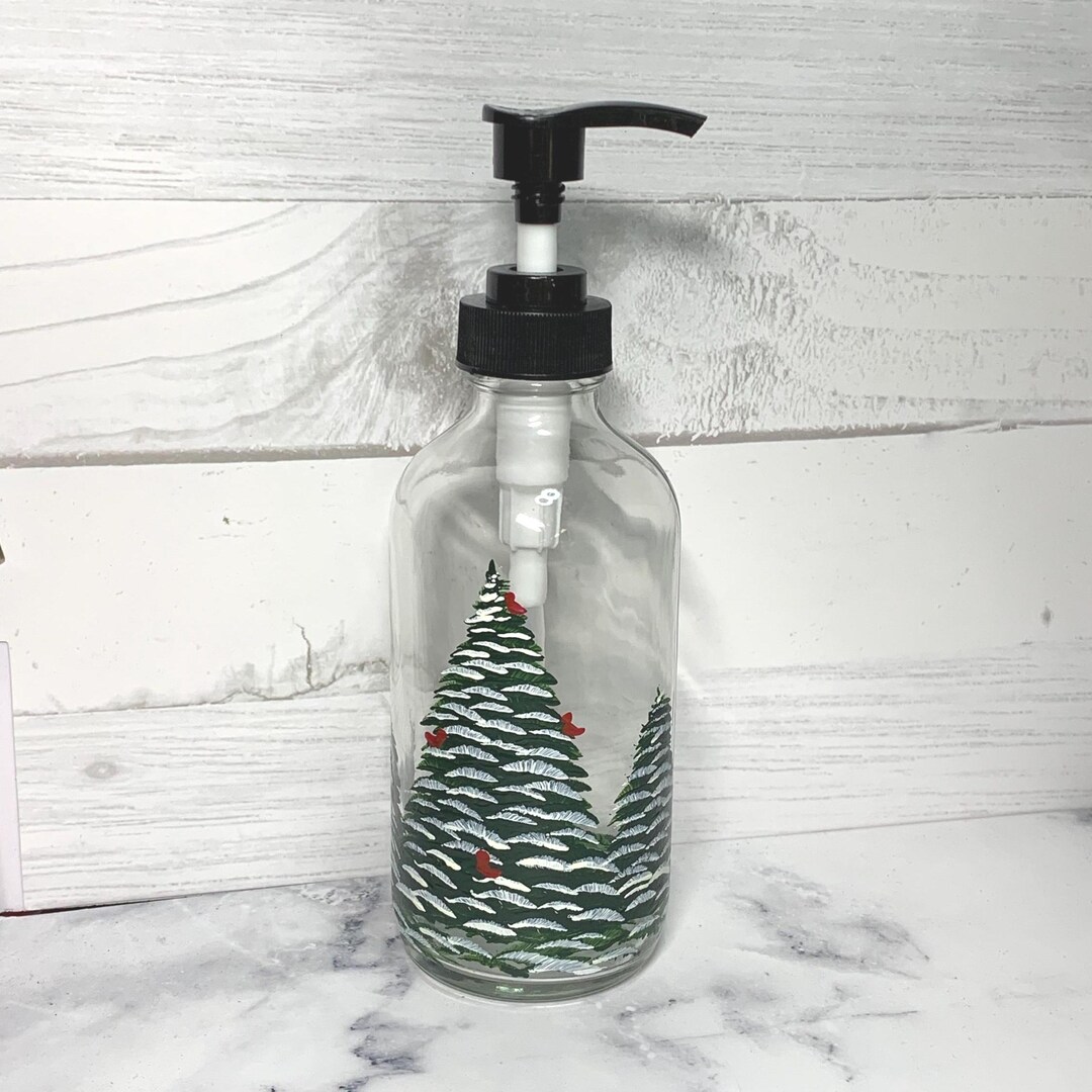 Snow Dusted Pine Trees & Red Cardinal Birds Painted on 8oz Clear Glass ...