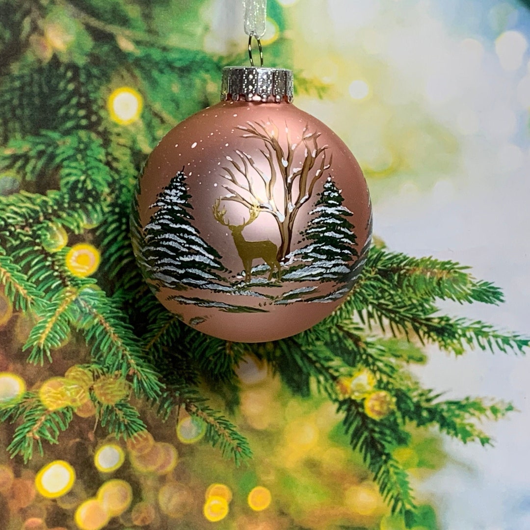 Snow Covered Trees Painted on Rose Gold Glass Ornament With Deer Family ...