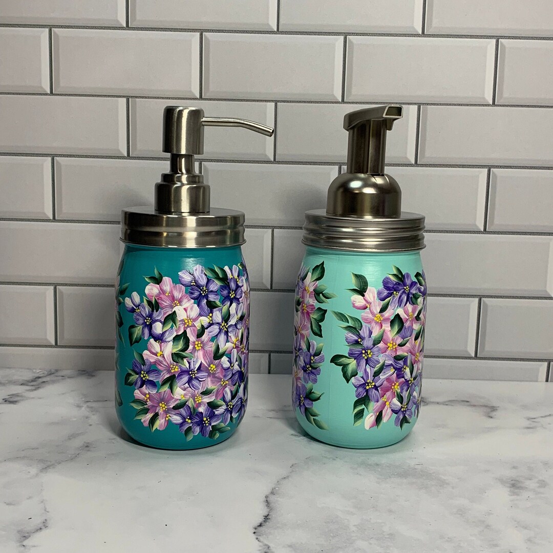 Teal Spring Floral Soap Dispenser, Hand Painted Floral Easter Soap Pump ...