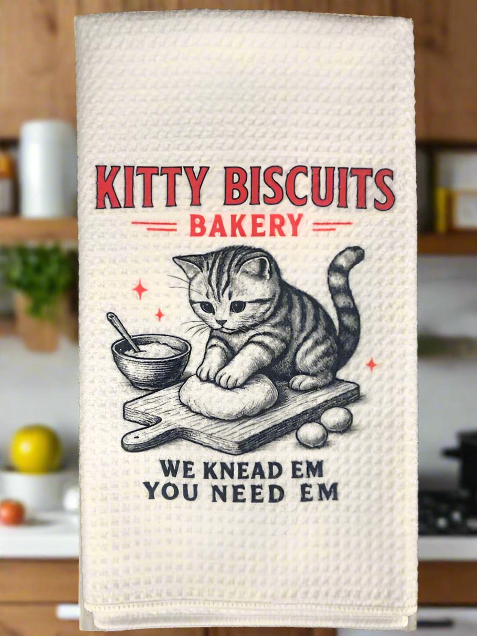 Kitty Biscuits Bakery | We Knead Em Kitchen Towel | Vintage Cat Mom ...