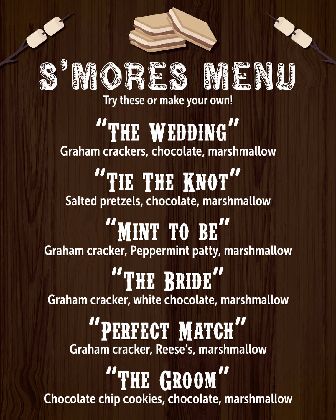 S'mores Menu Gourmet Wedding Rustic Brown Wood I Do BBQ - Etsy
