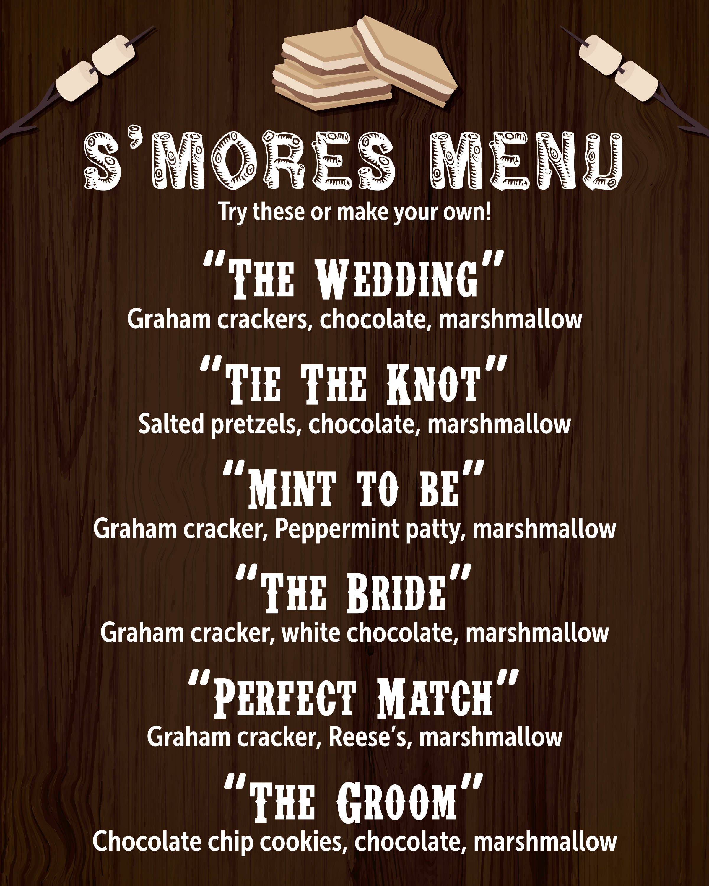 S'mores Menu Gourmet Wedding Rustic Brown Wood I Do BBQ | Etsy
