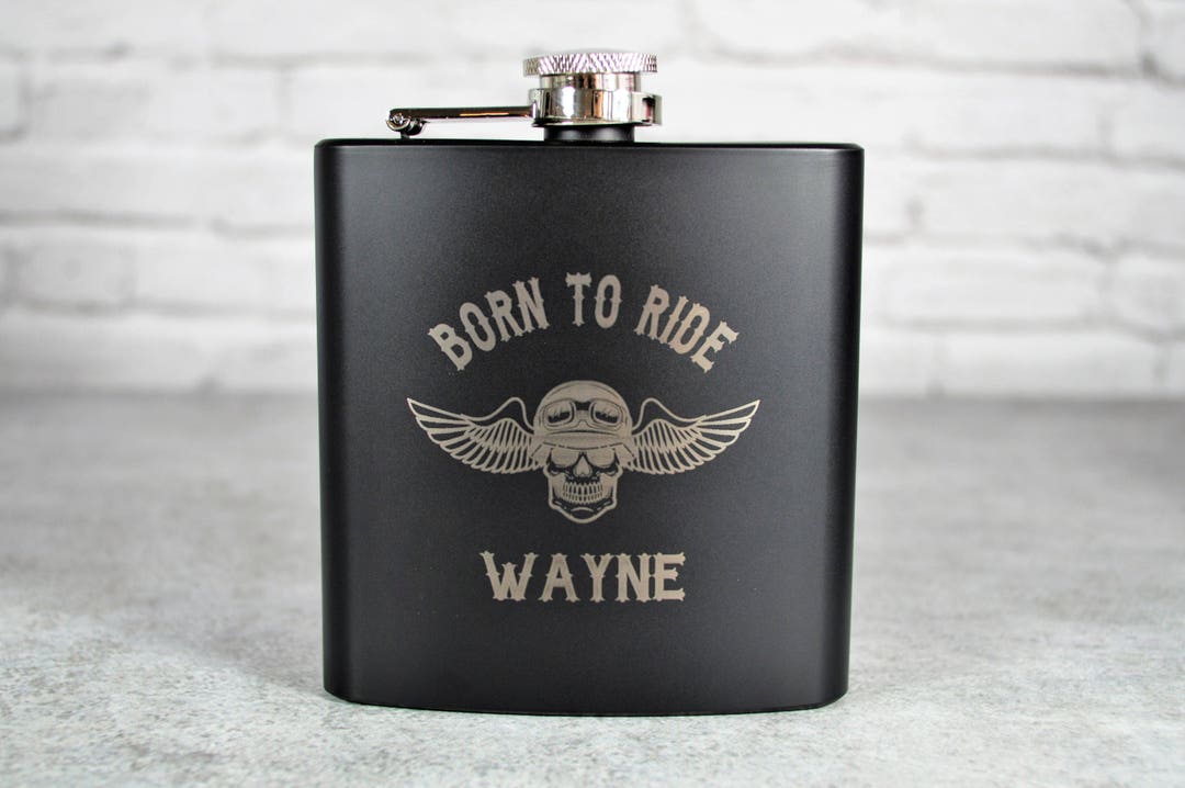 Personalized Matte Black Biker Flask Custom Biker Flask Engraved Black ...