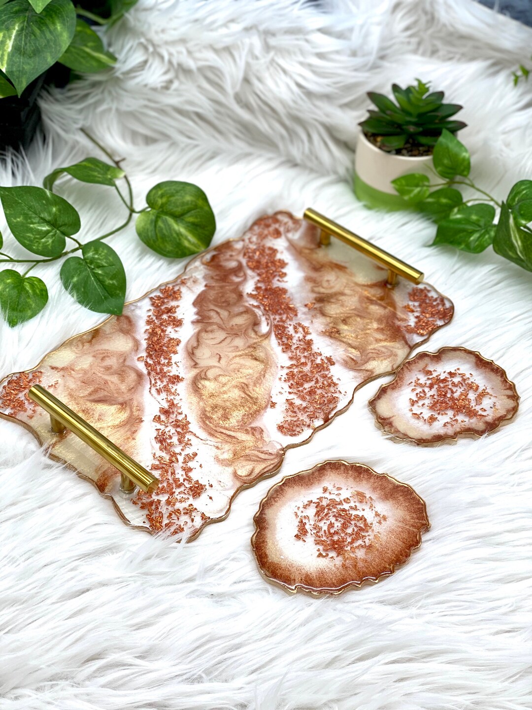 Gold Resin Tray With 2 Coasters, Resin Jewelry Tray Charcuterie Tray ...