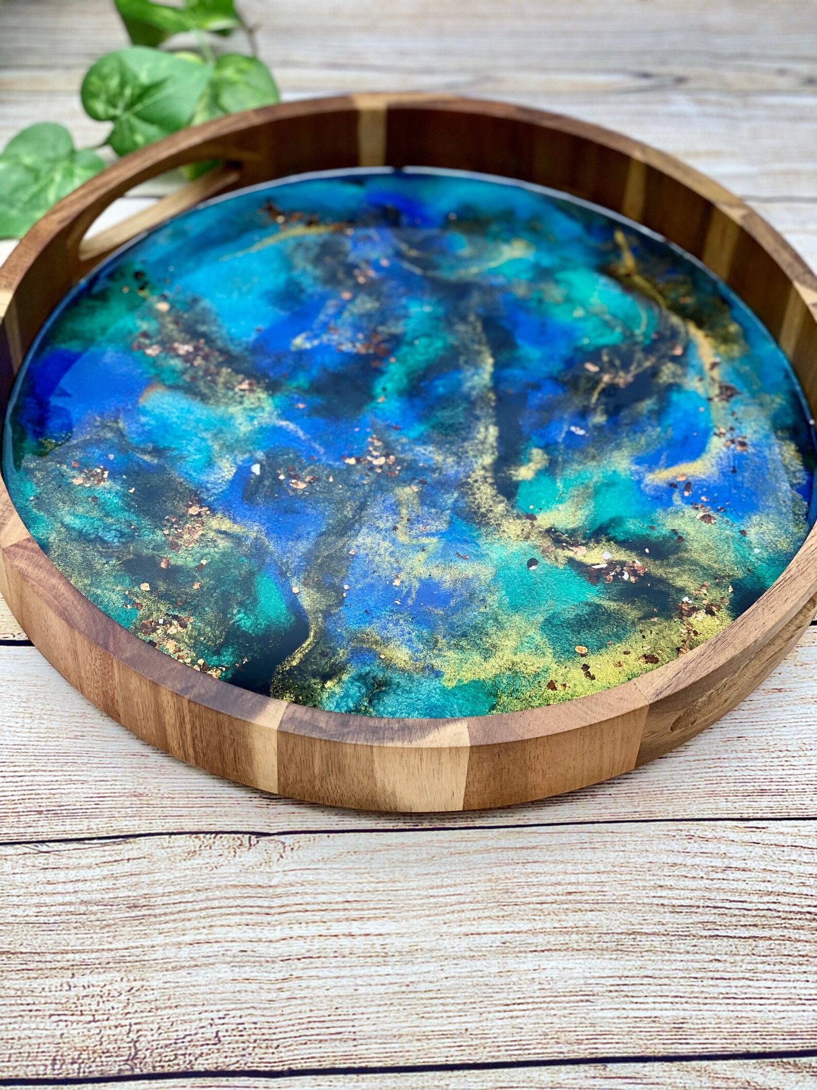 Blue Green Black Gold Resin Round Serving Tray With Handles | Etsy