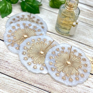 Dandelion Flower Resin Drink Coasters Gold Pearl and White Glitter ...