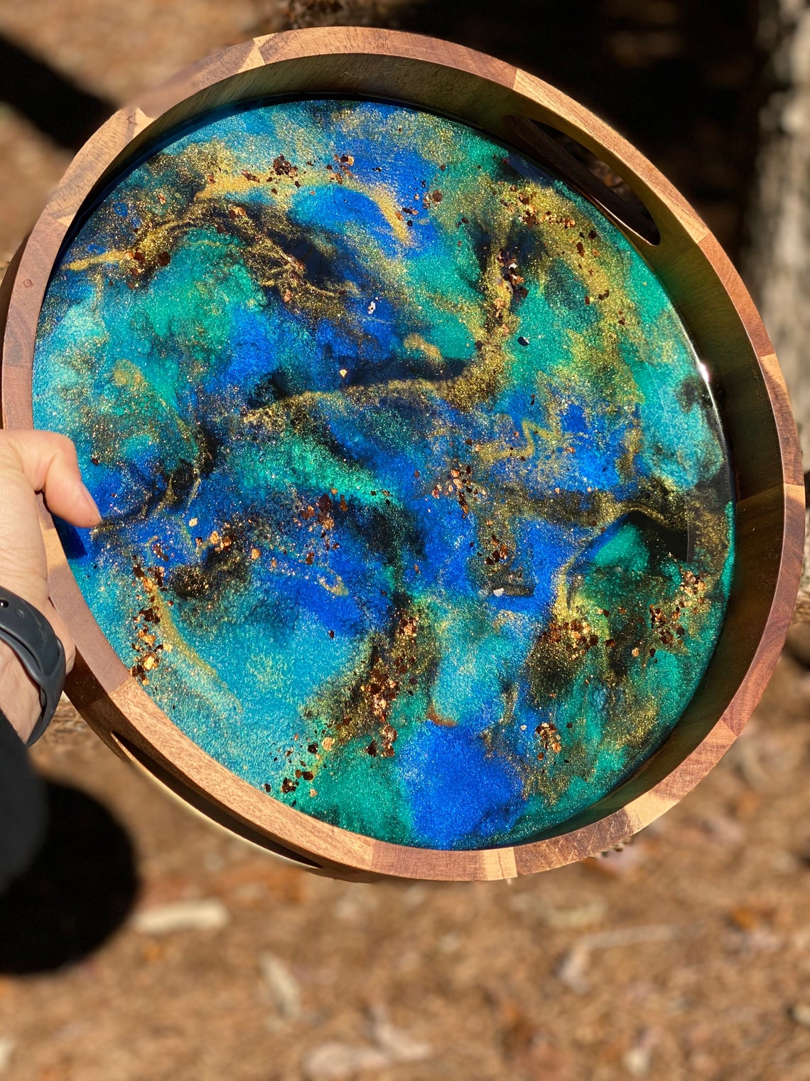 Blue green black gold Resin Round serving tray with handles | Etsy