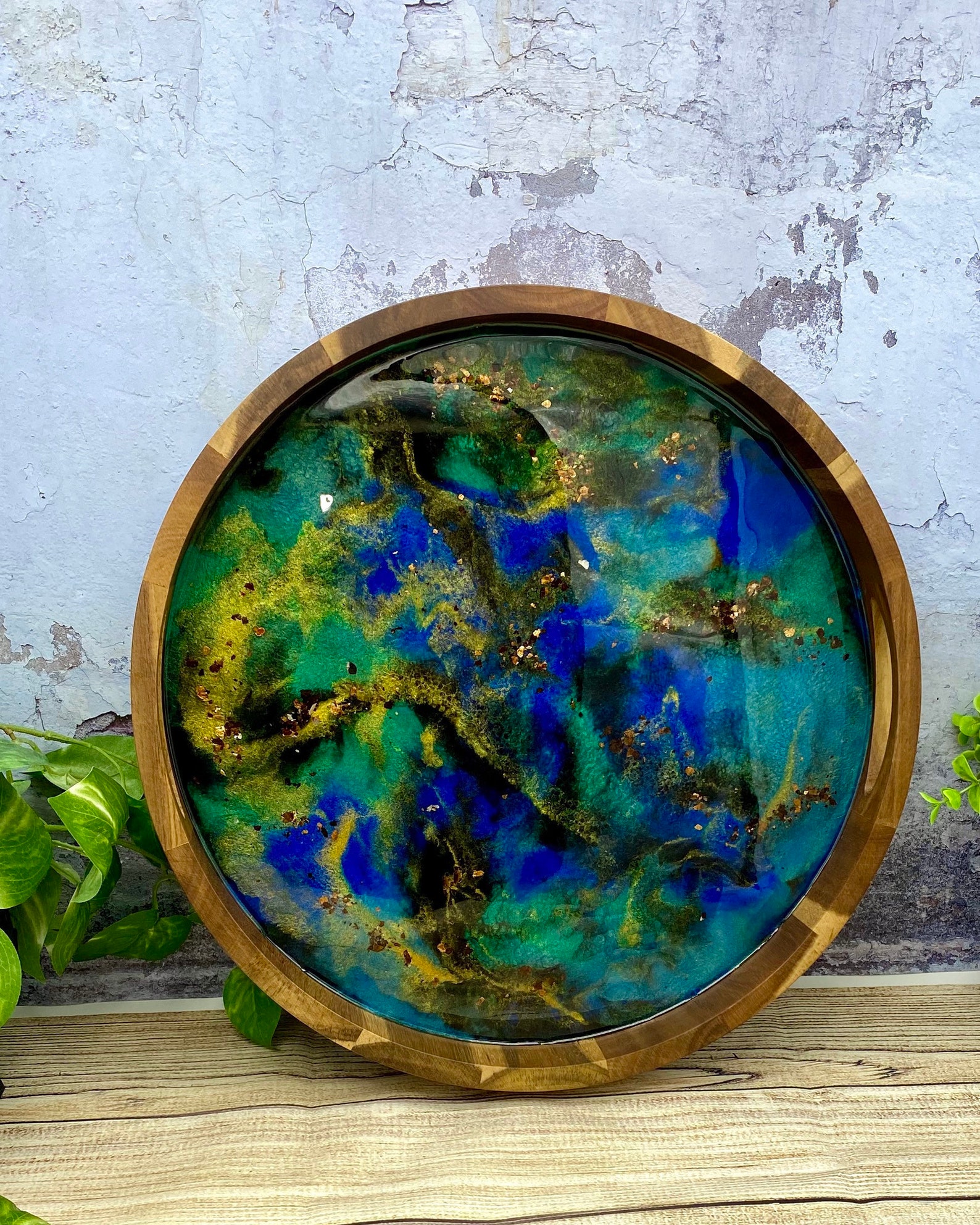 Blue Green Black Gold Resin Round Serving Tray With Handles | Etsy