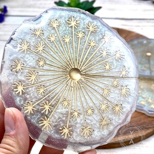 Dandelion Flower Resin Drink Coasters Gold Pearl and White Glitter ...