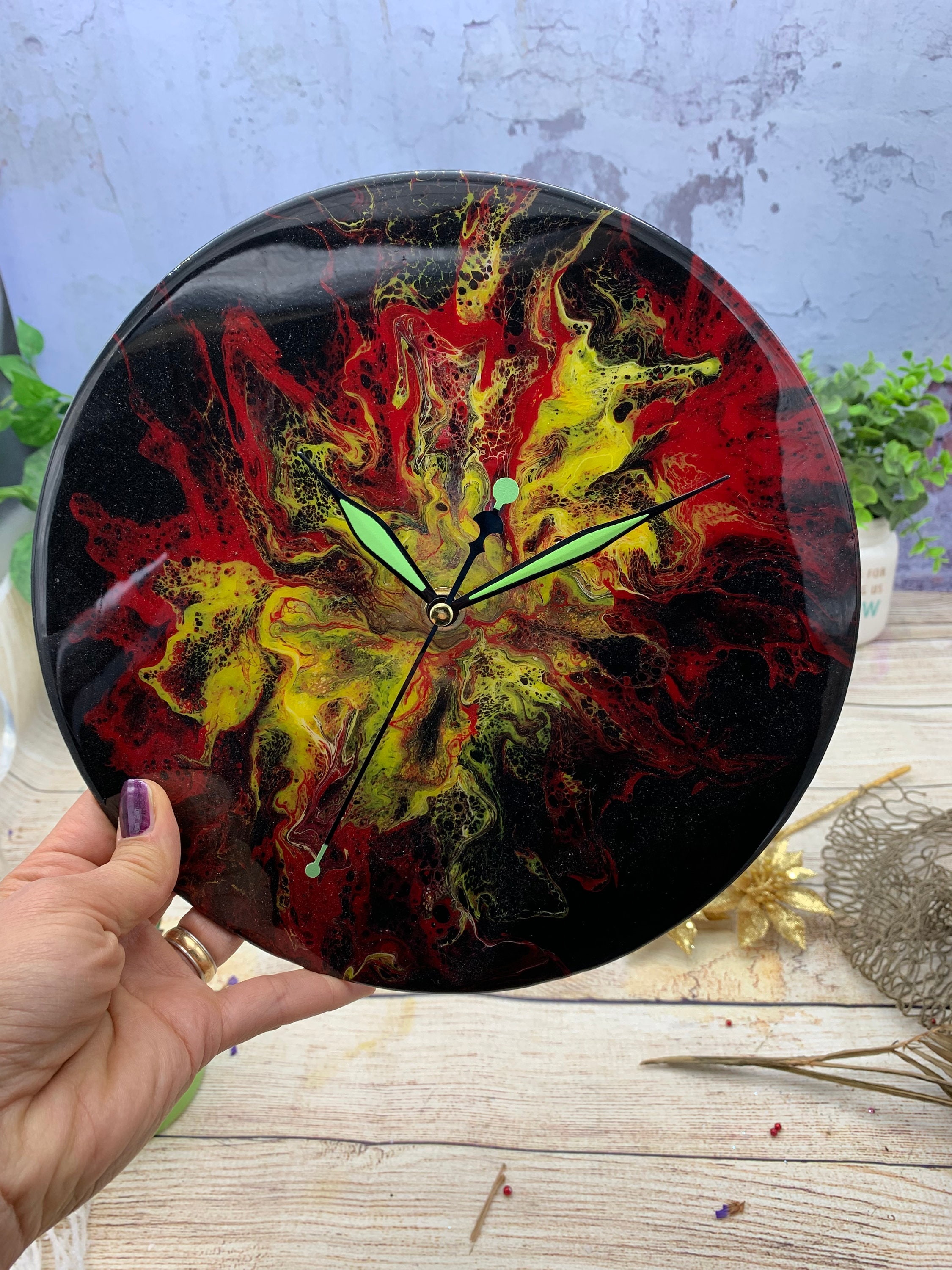 Resin Clock Red Yellow Gold Decorative Round Clock Modern - Etsy